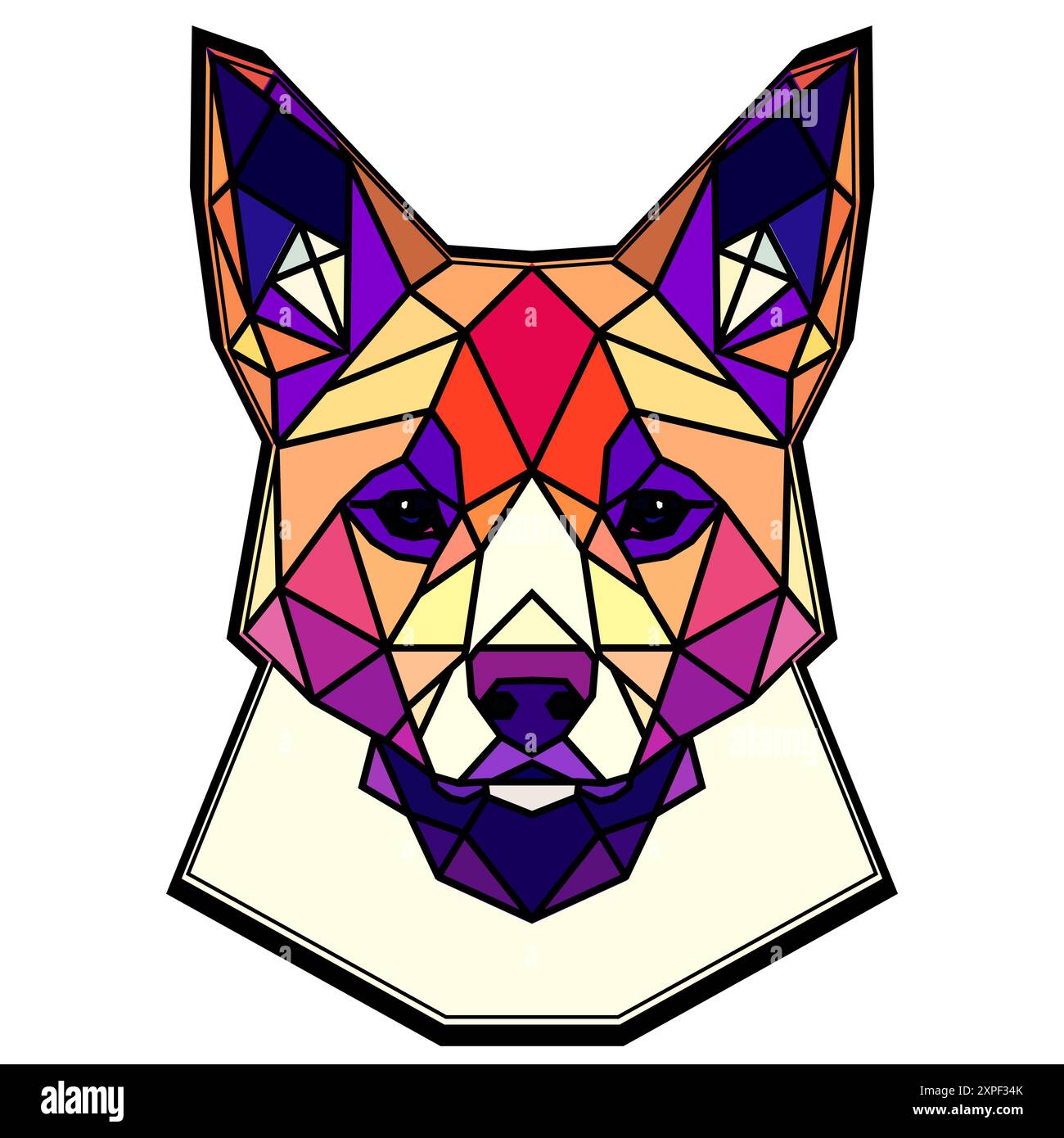 Dog head in a geometric style, black border, colored lines, polygon and ...