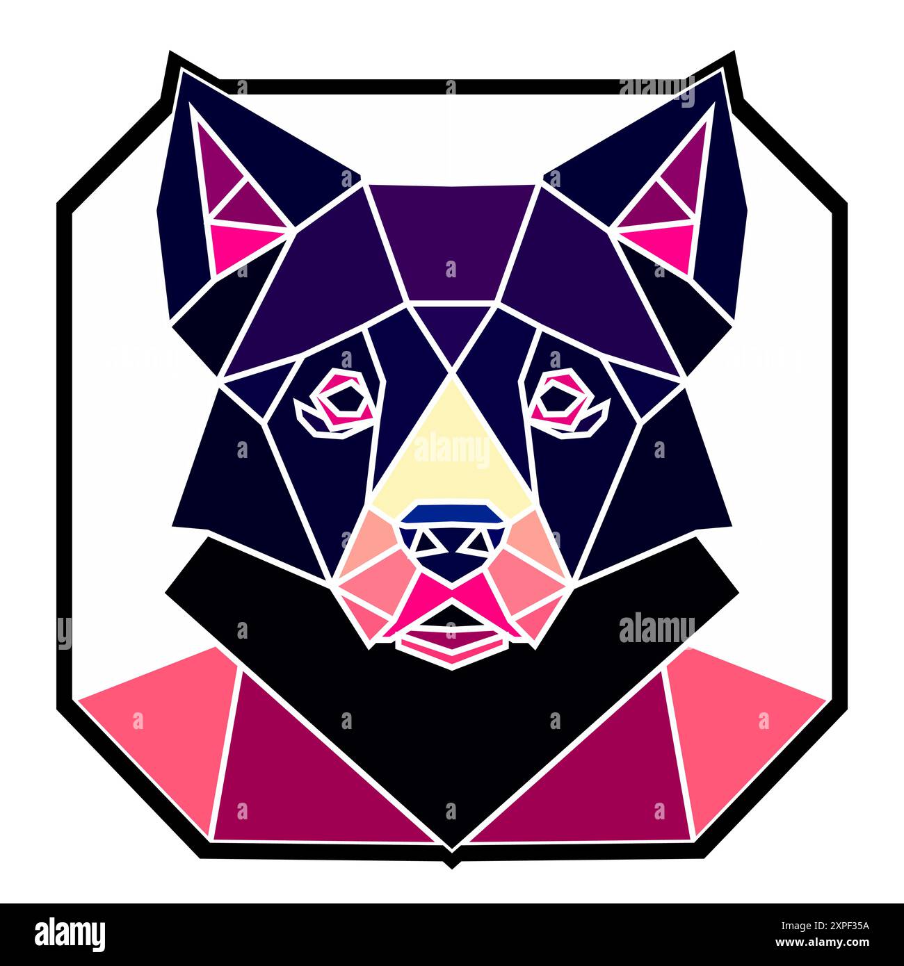 Dog head in a geometric style, black border, colored lines, polygon and ...