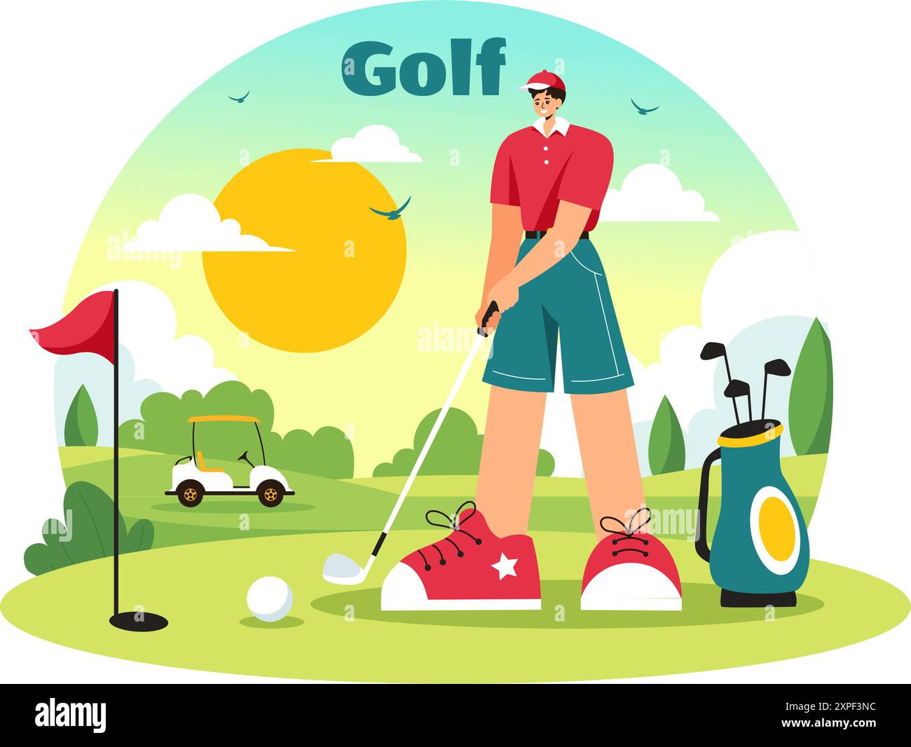 Golf Sport Vector Illustration with Flags, Cart, Clubs, Green Field ...