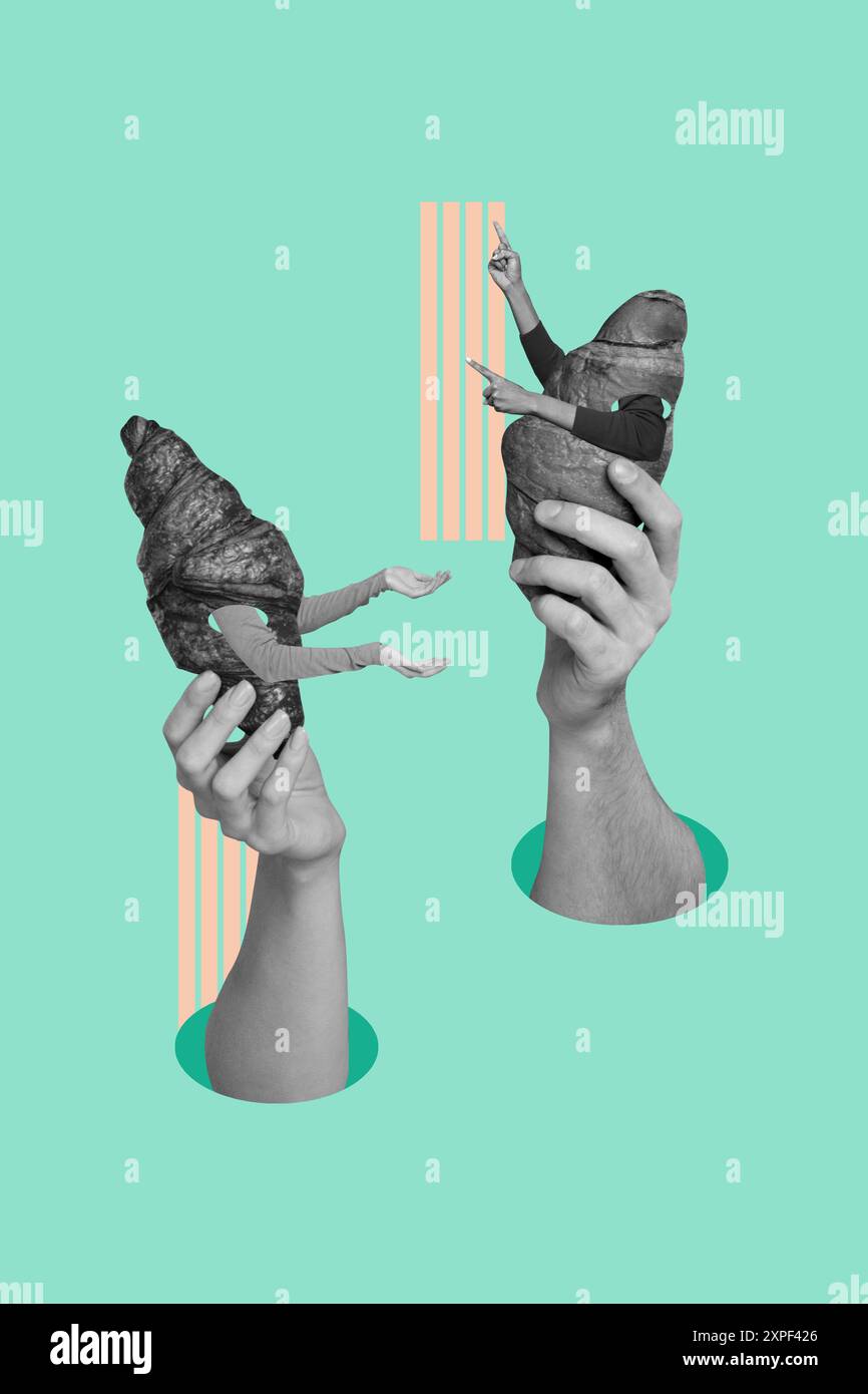 Vertical image collage human hands hold sea shells ocean weird concept ...