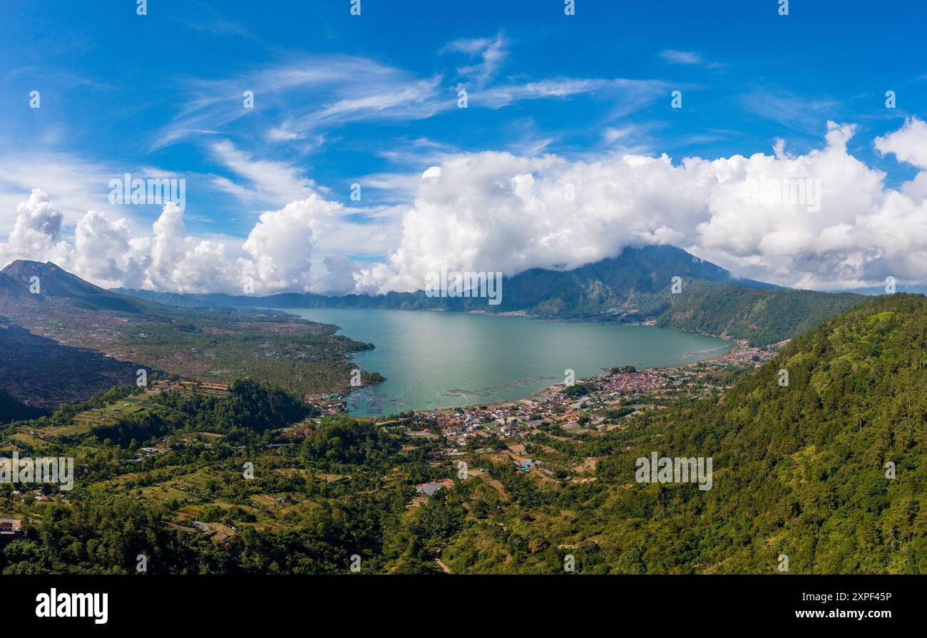 Kintamani, Bali: Dramatic aerial view of the Batur lake in the crater ...