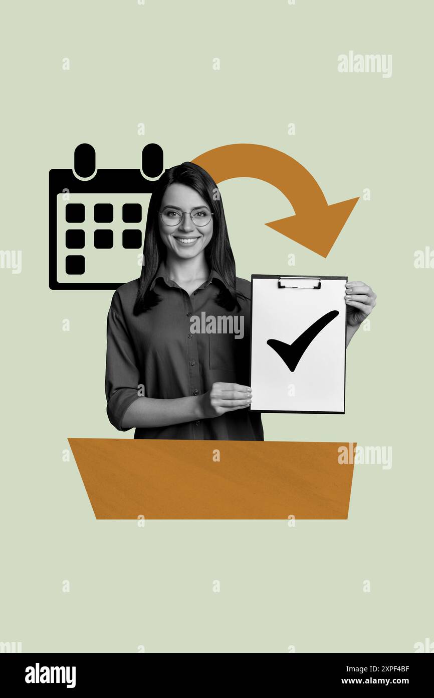 Vertical image collage cheerful woman task done check tick calendar ...