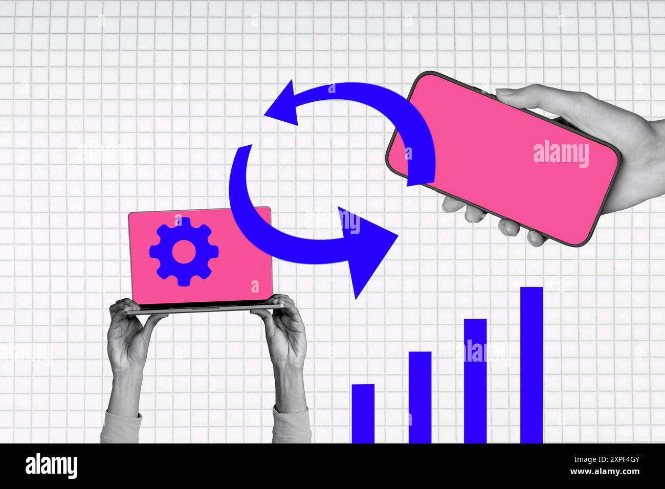 Creative collage picture smartphone screen laptop internet network signal transfer cogwheels ...