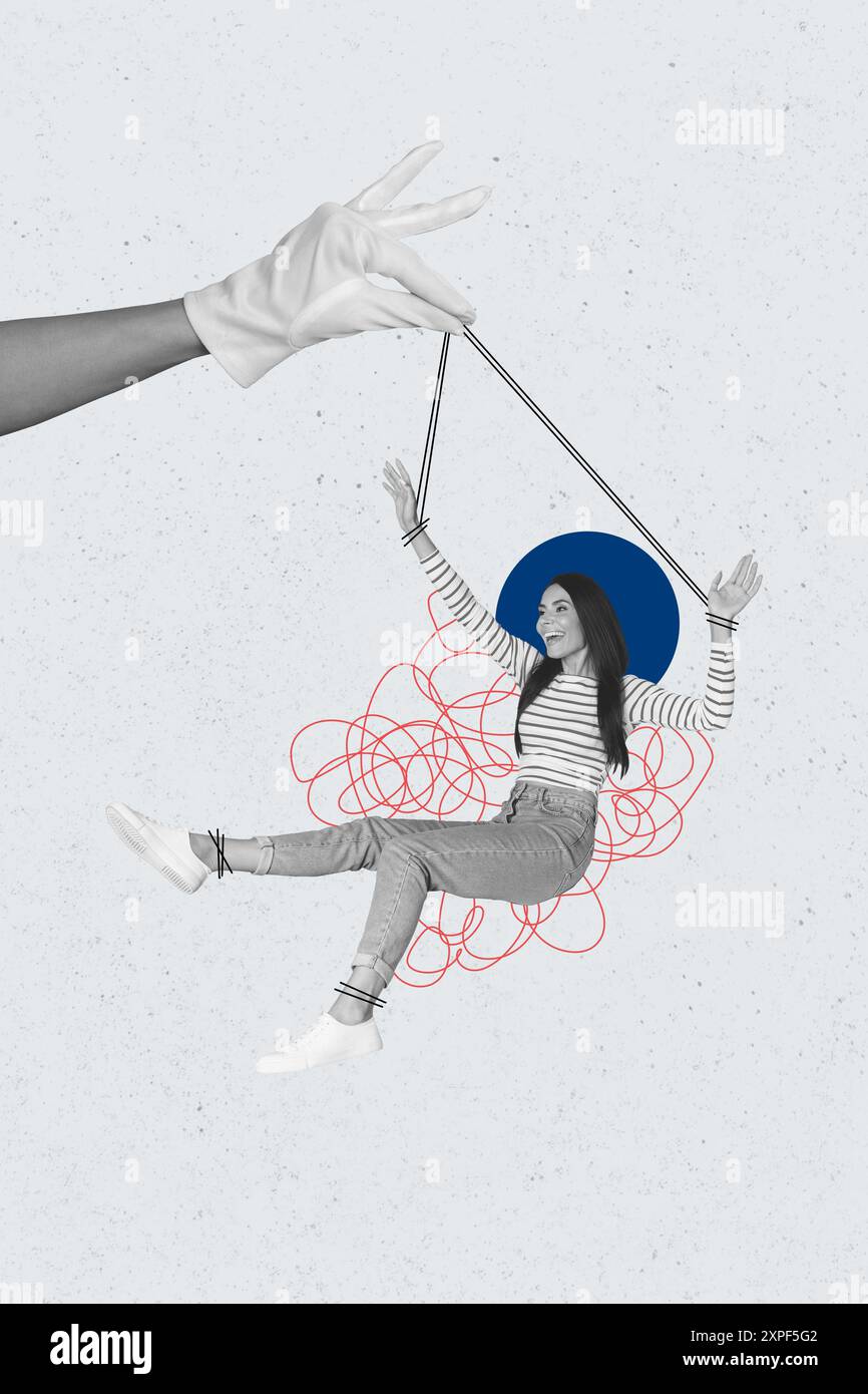 Vertical poster collage young cheerful woman drawing doodles ...