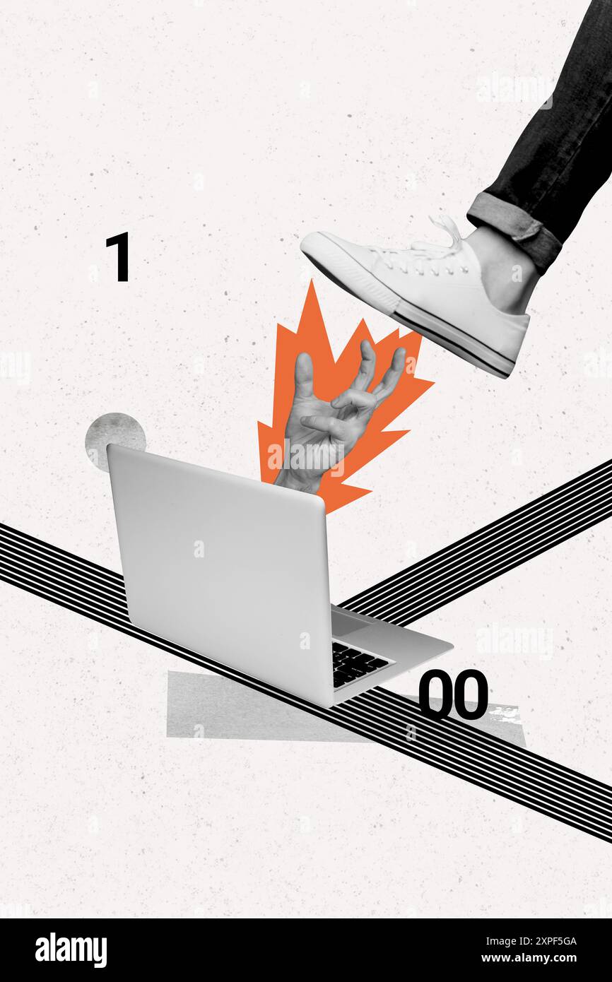 Vertical image collage laptop digital device computer step sneaker feet ...