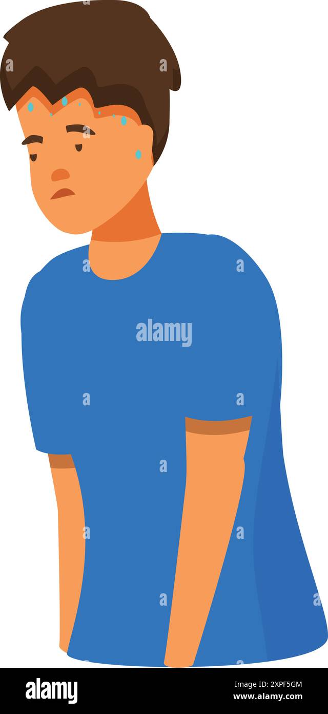 Cartoon man is sweating and feeling sick, a potential symptom of fever ...