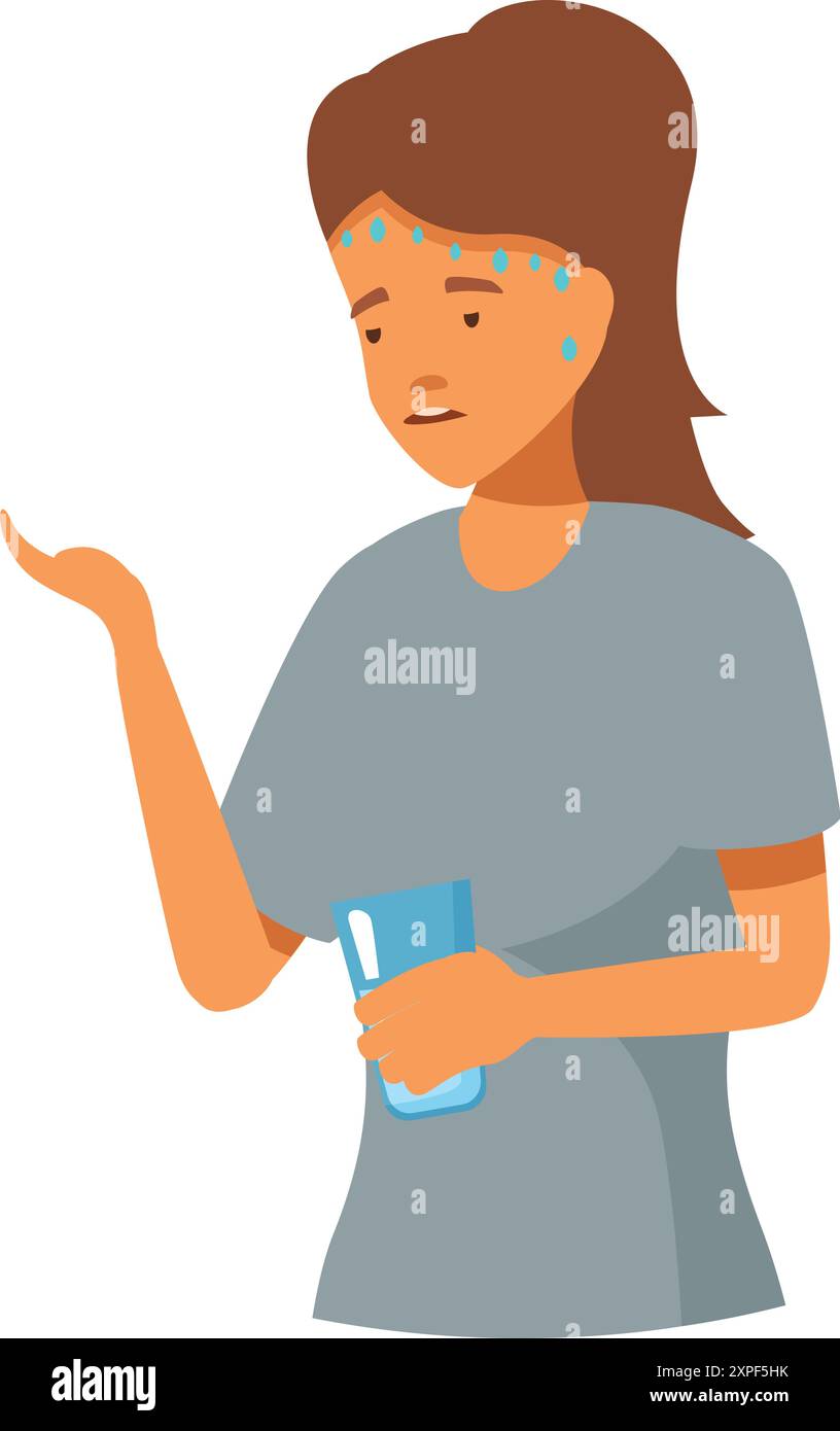 Sick woman is holding a glass of water, sweating and feeling unwell ...