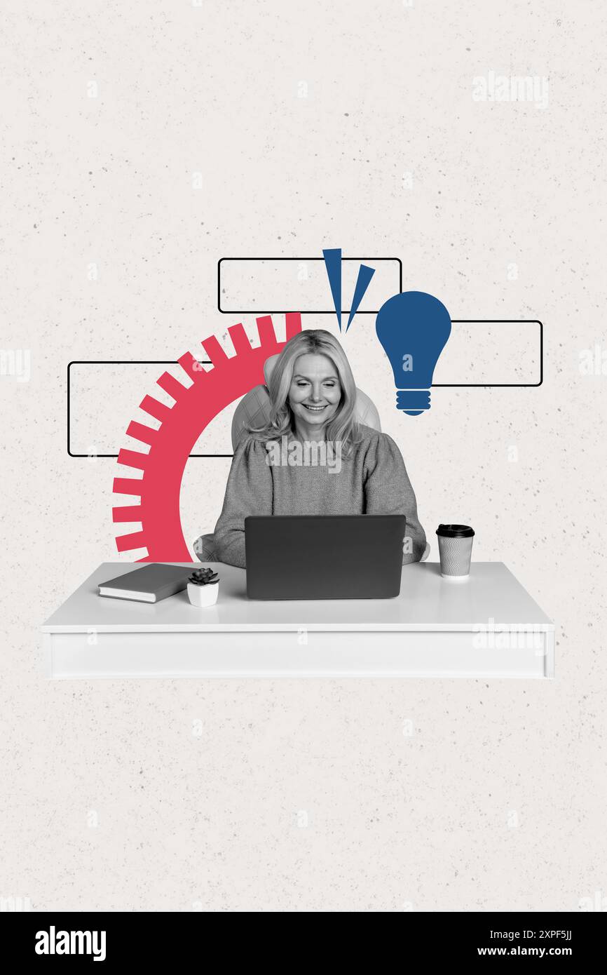 Vertical collage mature woman boss sit workspace armchair laptop remote work idea lightbulb lamp ...