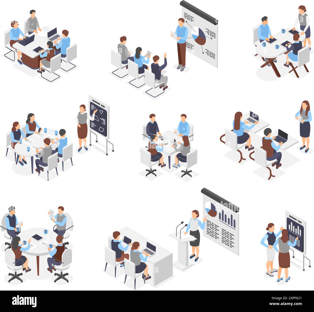 Isometric business meeting. Office managers work processes. Team leader ...