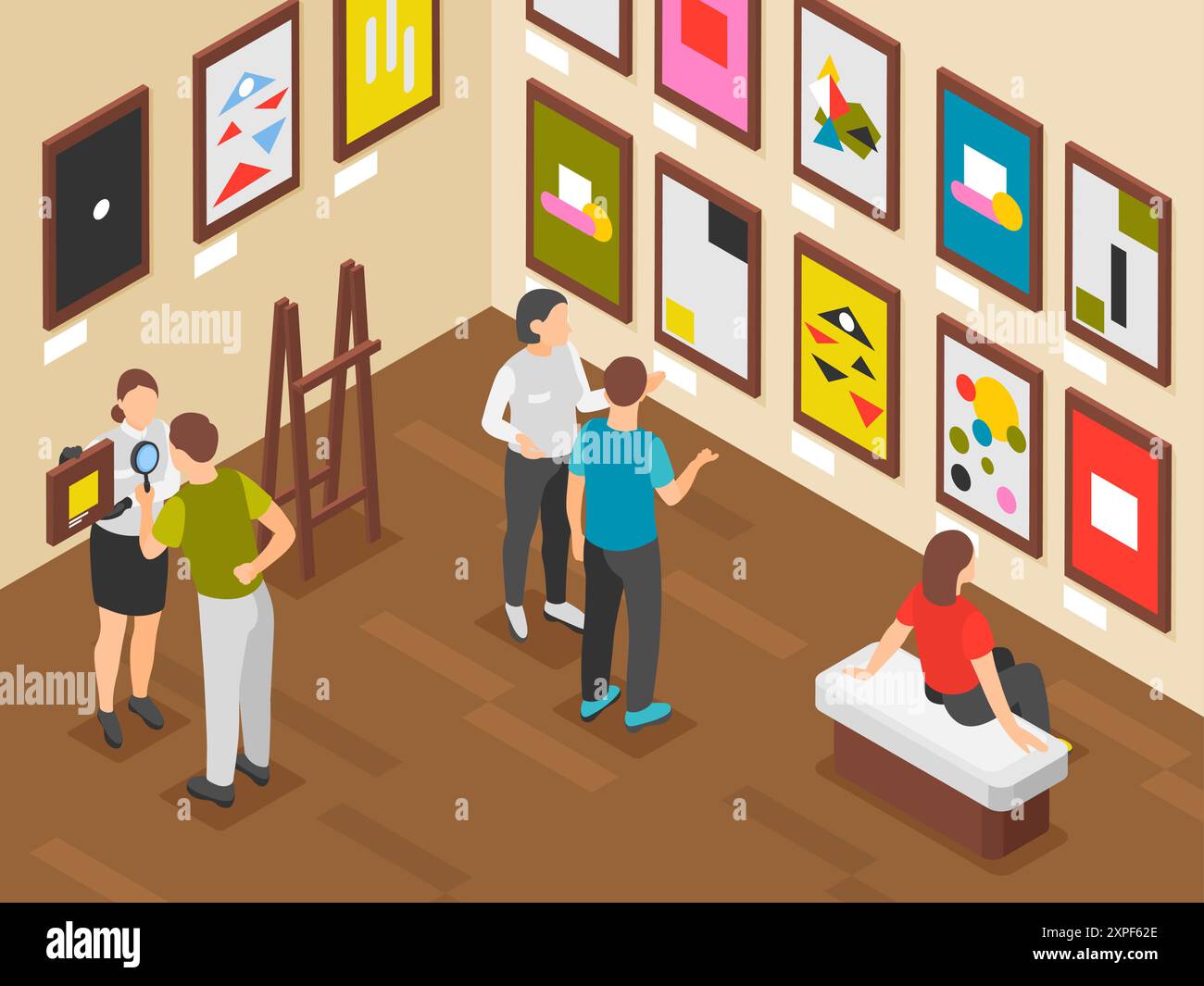 Art gallery. Visitors looking on creative artworks. Museum exposition ...