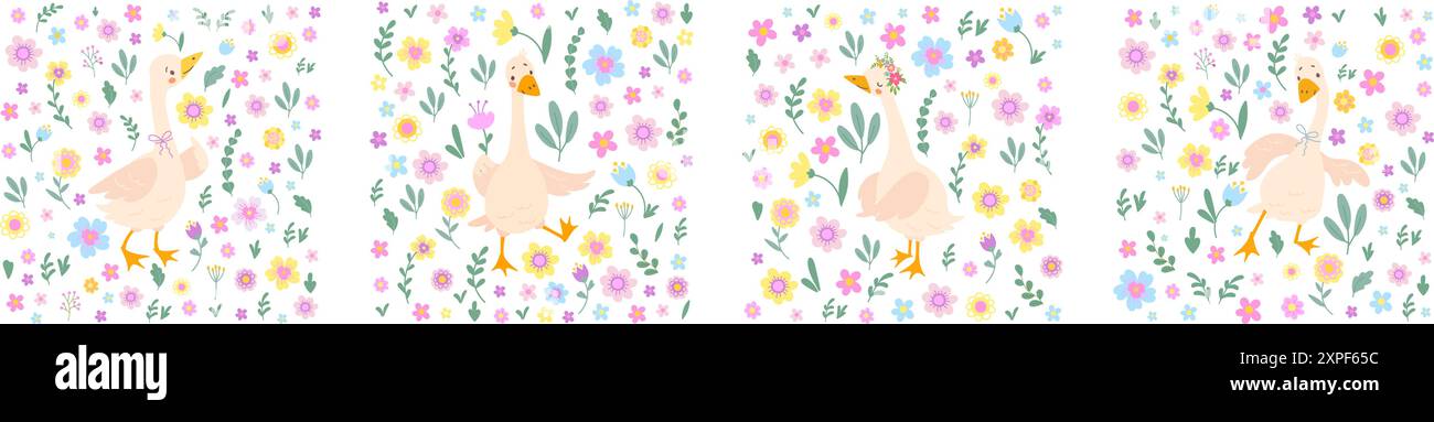 Floral goose print. Adorable geese in botanical patterns. Spring summer ...