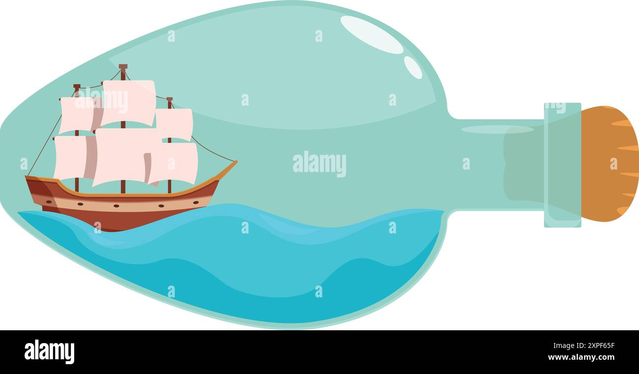 Cartoon sailboat is sailing on blue water inside a clear glass bottle ...