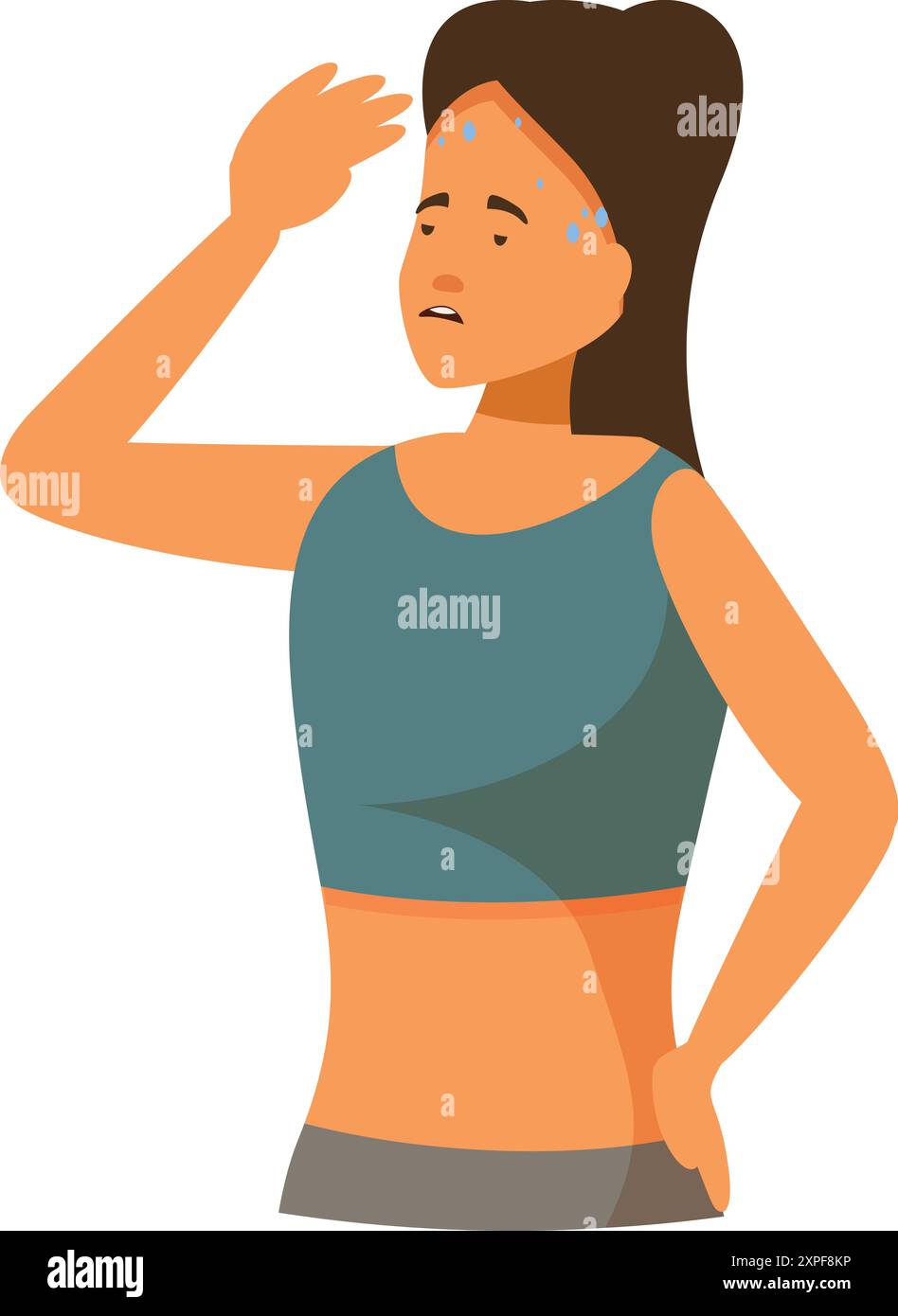 Young sportswoman is wiping sweat from her forehead, feeling hot and ...