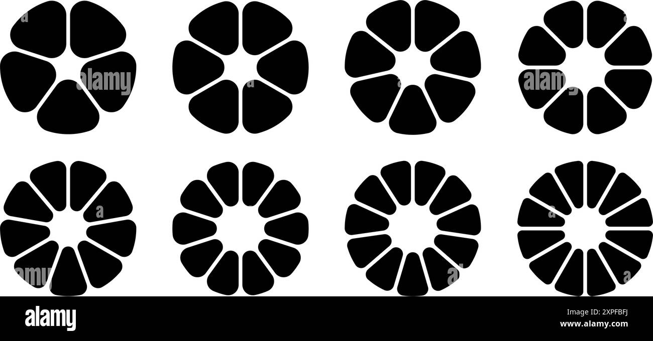 Circle division infographic icon set. Pie chart divided 8,9,10 equal parts. Pizza or flower ...