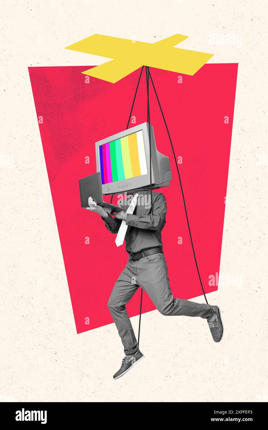 Vertical photo collage image young headless man computer tv set screen ...