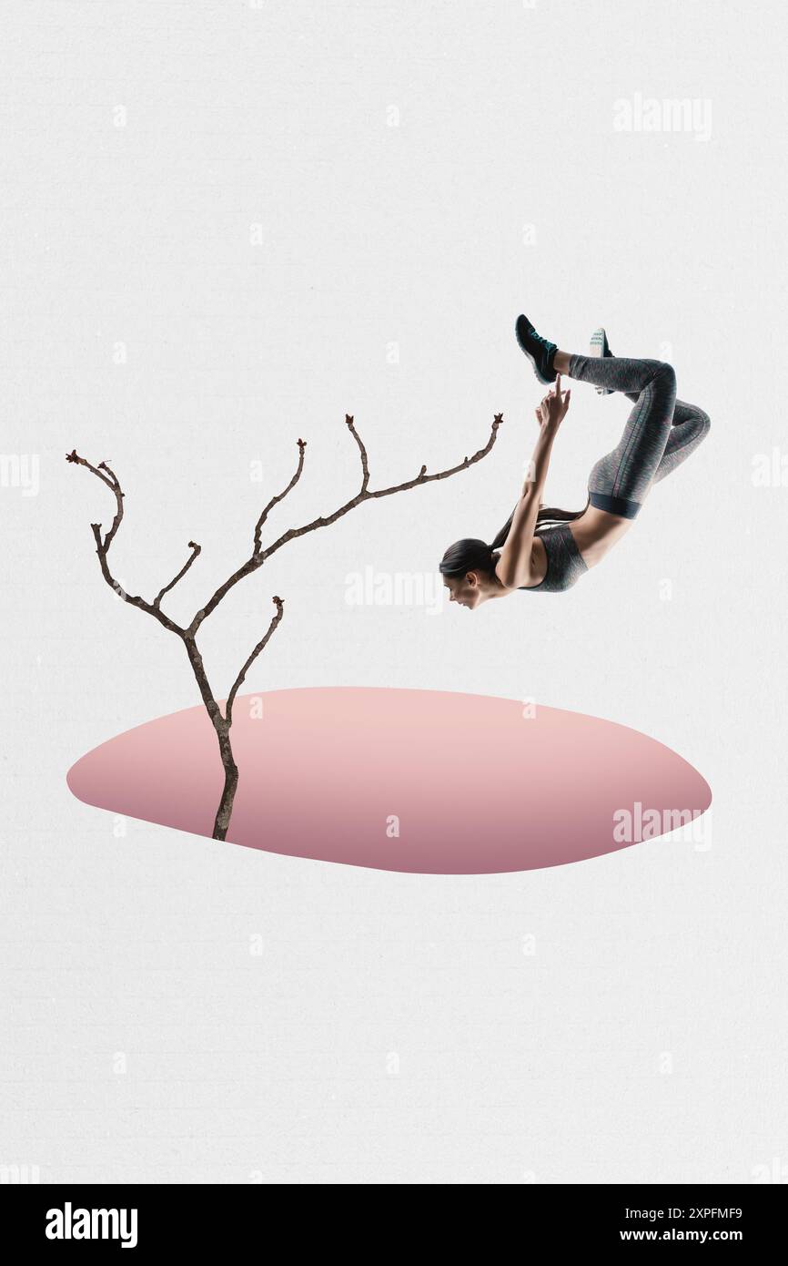 Collage picture image artwork of sporty beautiful woman flying air ...