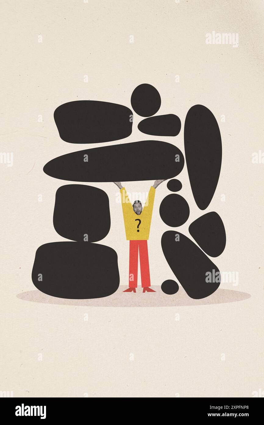 Creative trend collage of funny little man building stones solve ...