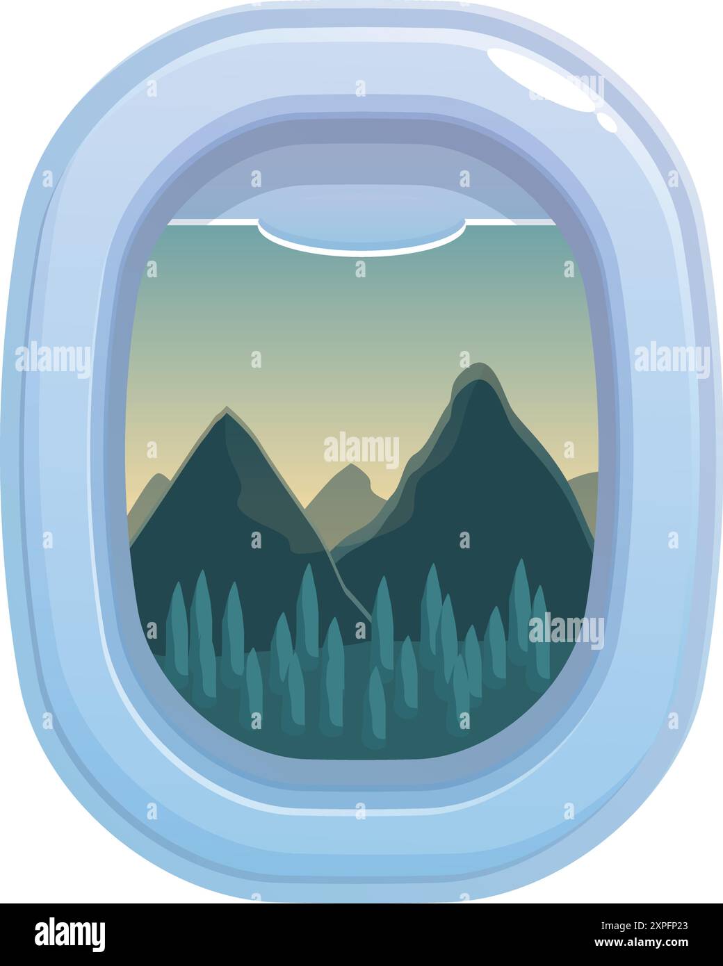 Airplane window revealing a mountain range with forest during a flight ...