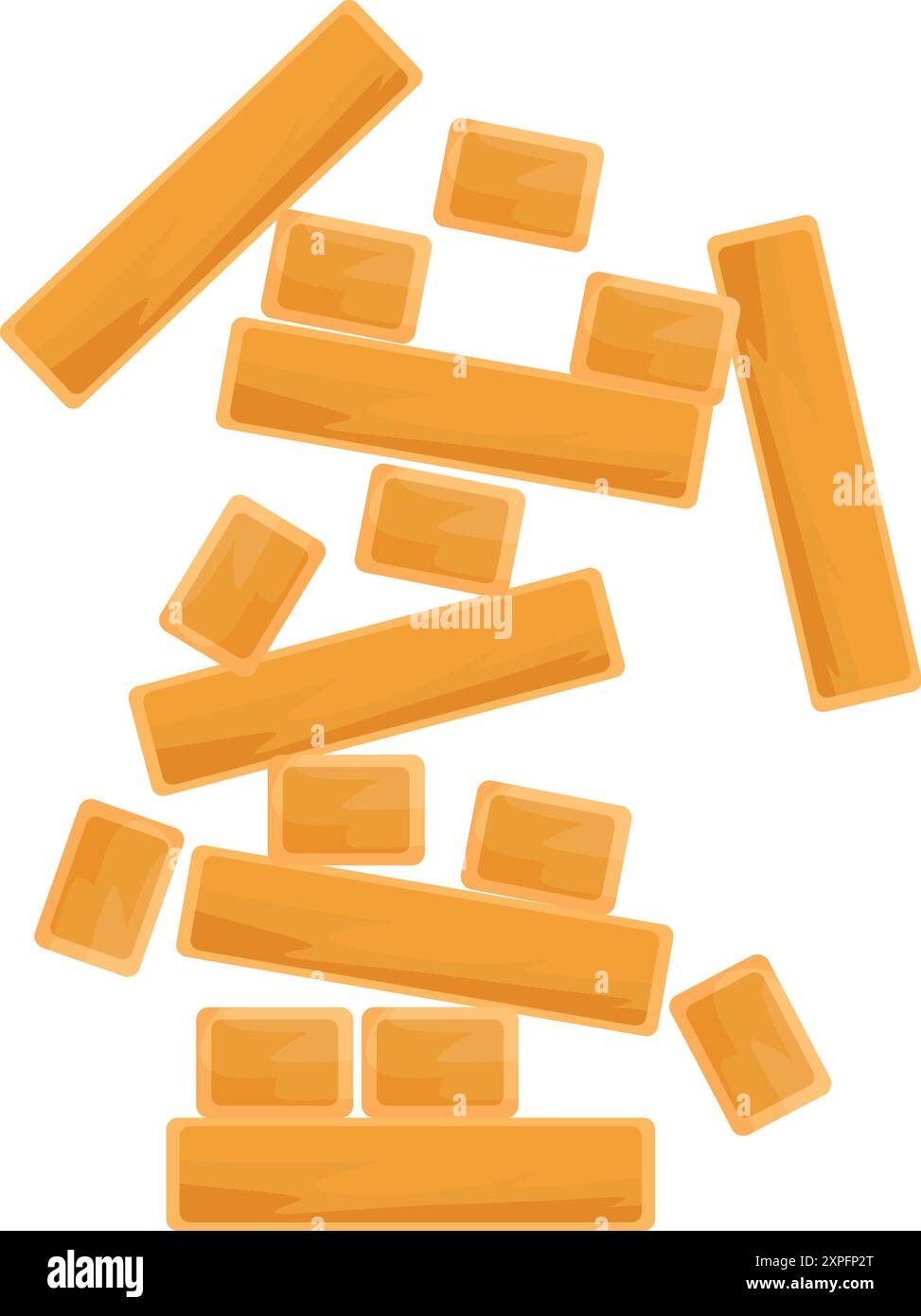 Tower made of light brown wooden blocks is collapsing on a white ...