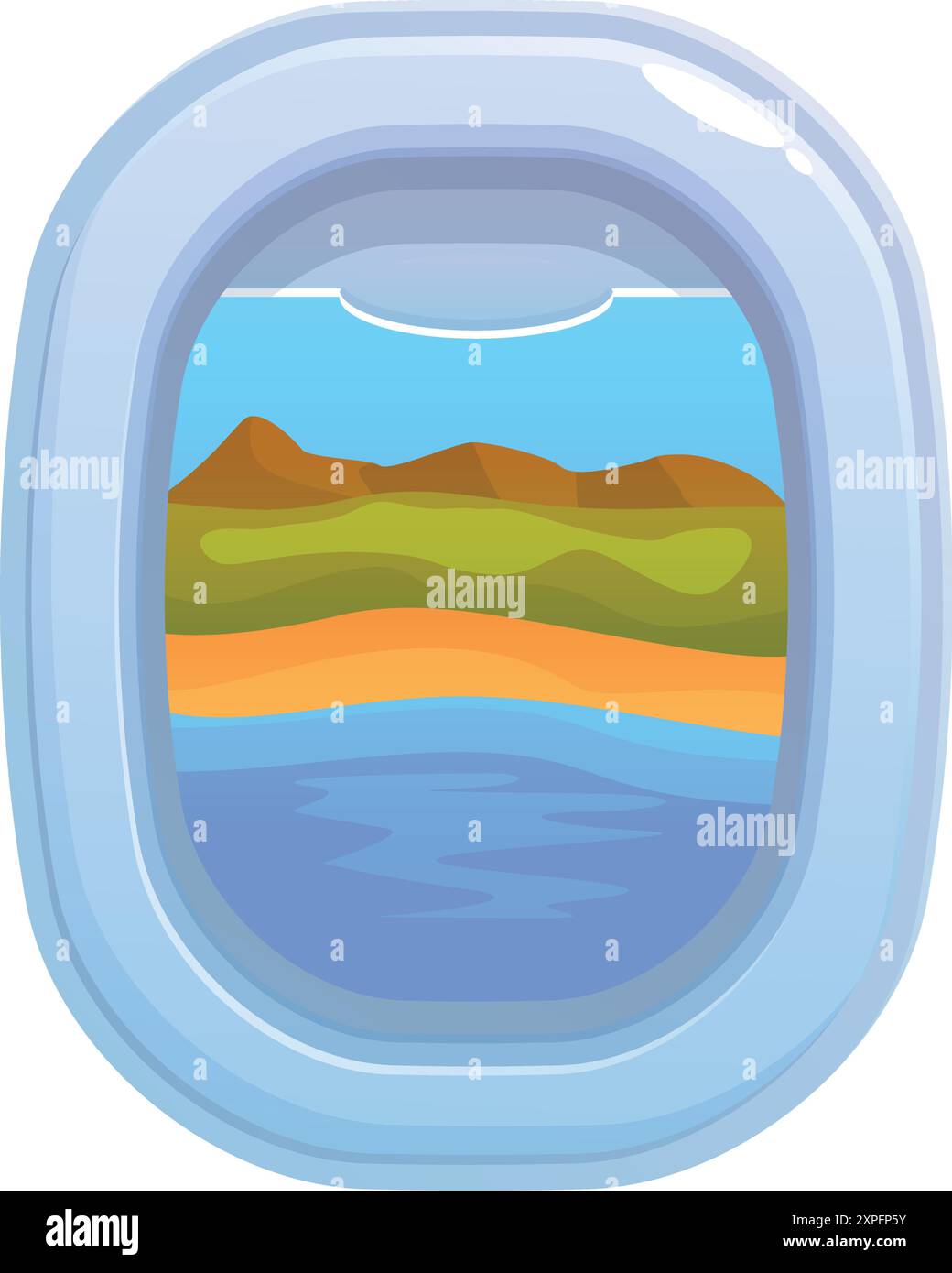 Cartoon airplane window looking out over a tropical island and the ...