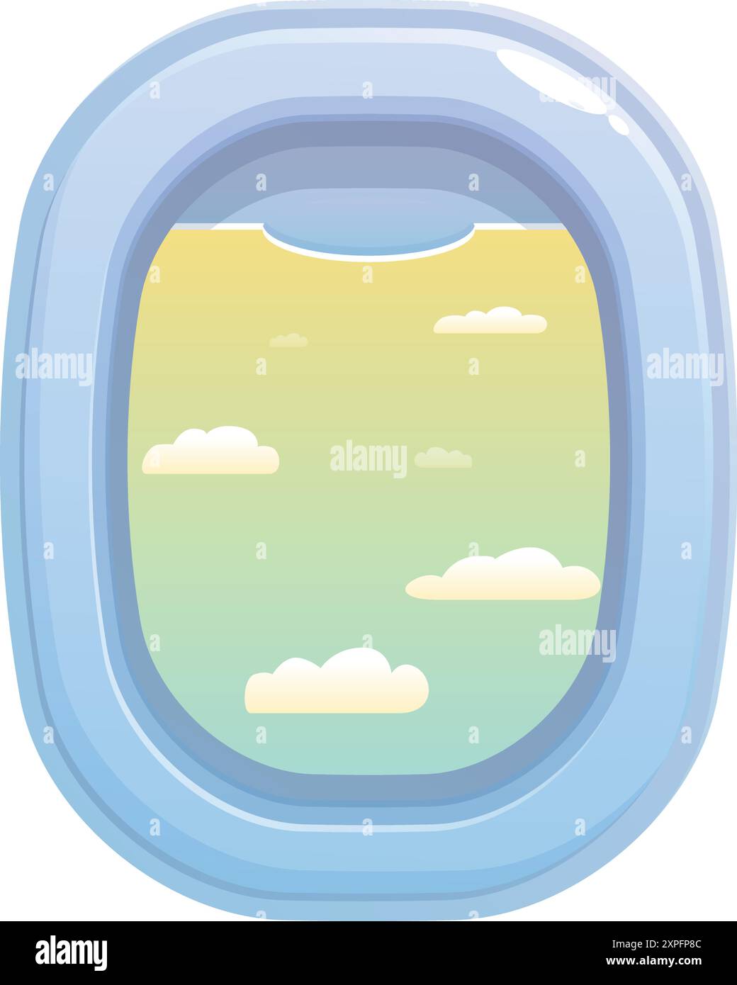 Cartoon airplane window is showing a beautiful sunset sky with fluffy ...