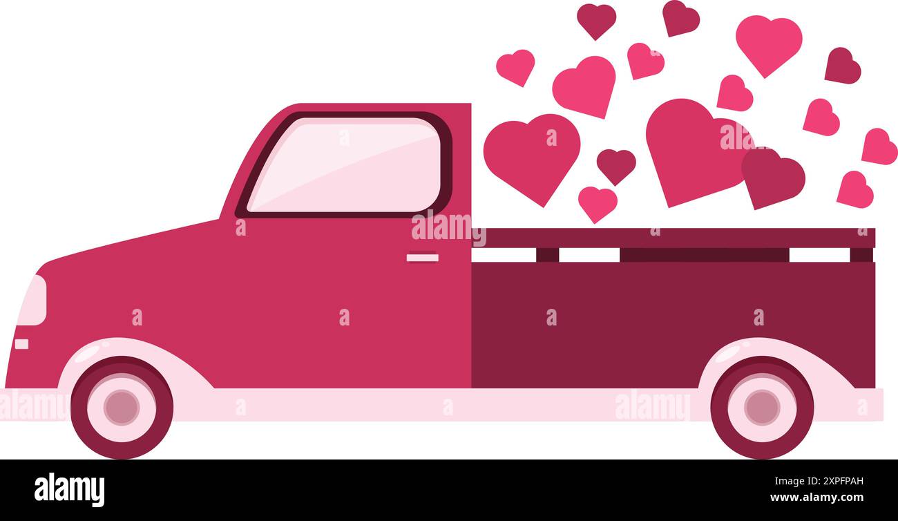 Pink pickup truck carrying hearts for valentine's day celebration Stock ...