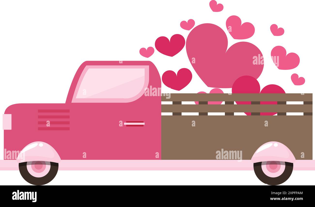 Pink vintage pickup truck carrying many hearts for valentine's day ...