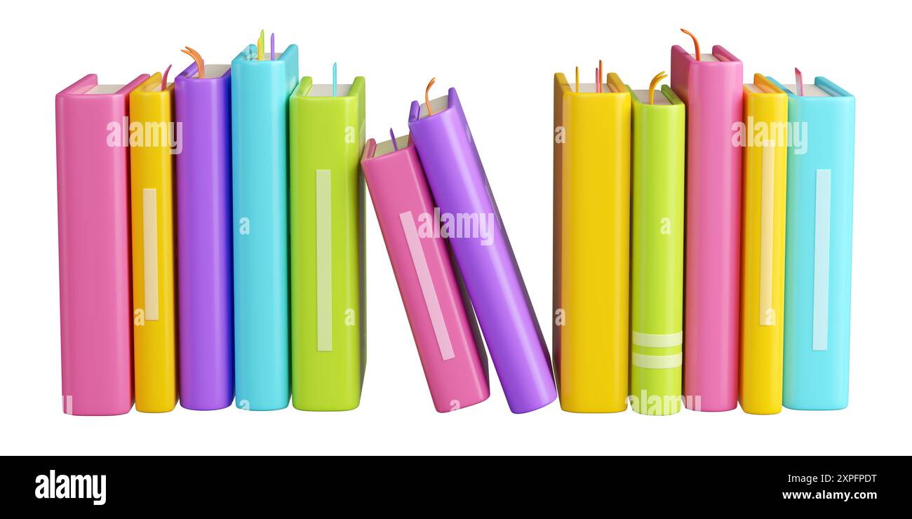 Stack of paper vertical standing books with bright hardcover and ...