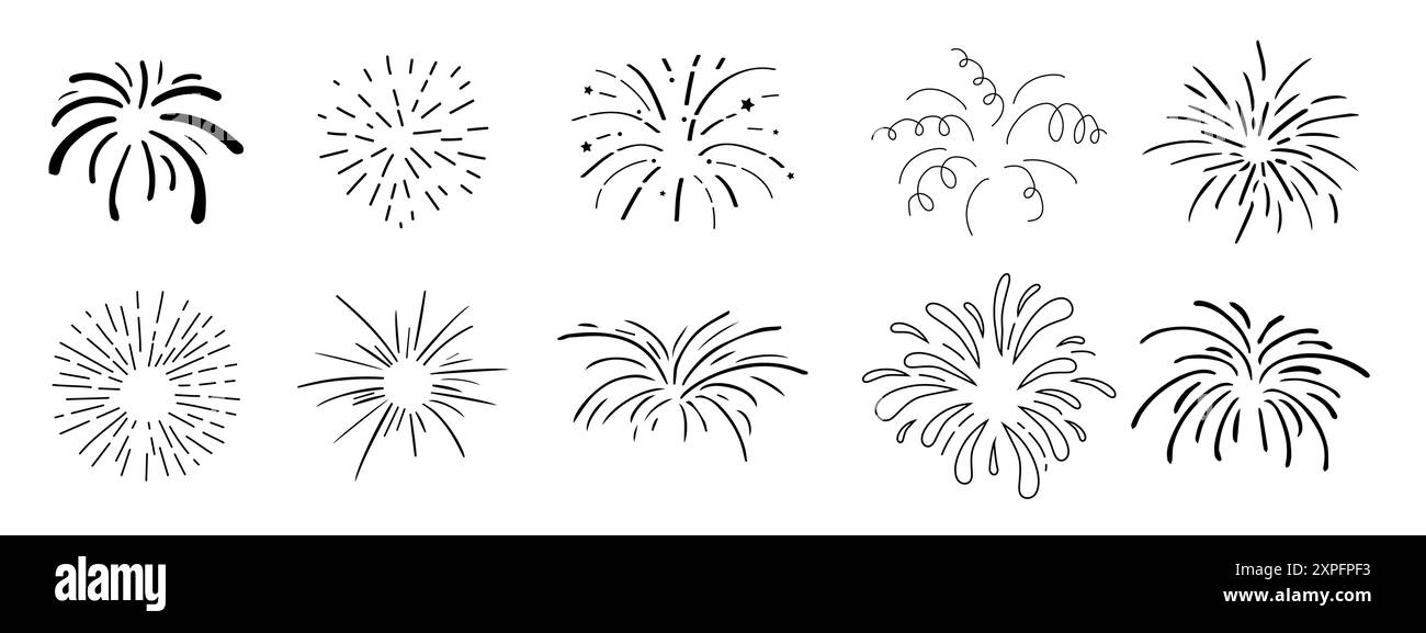 Set fireworks doodle line explosion radial sparkler with rays, hand ...