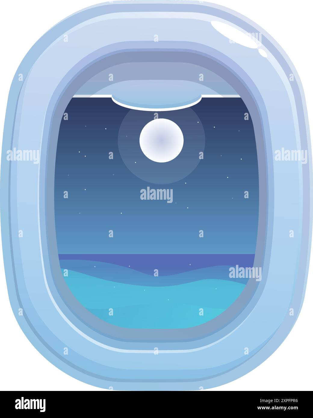 Airplane window showing a night sky with a bright full moon, stars and ...