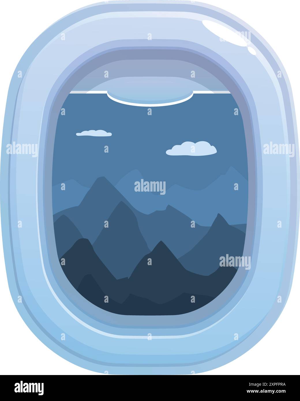 Airplane window revealing a mountain range under blue sky with clouds ...