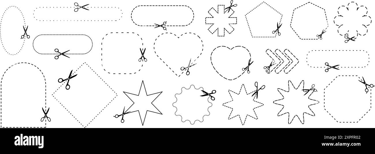 Set of cutout shapes with scissors icons. Cut here symbols Stock Vector ...