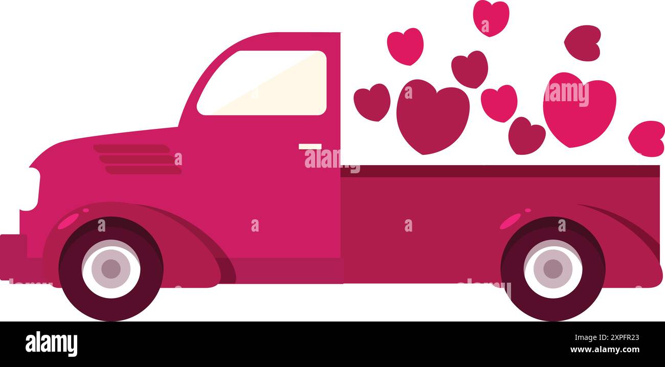 Pink vintage pickup truck is carrying hearts for a romantic valentine's ...