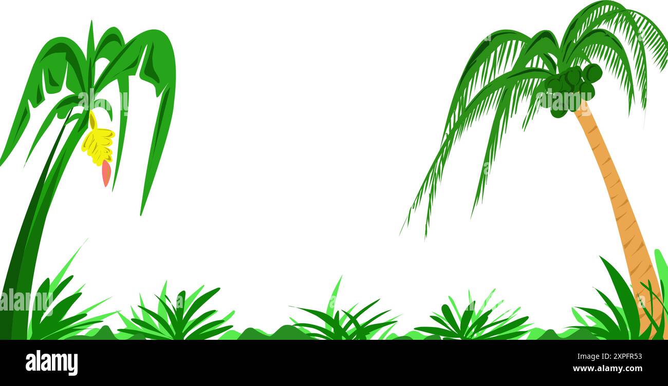 The background illustration with a tropical theme has images of banana ...