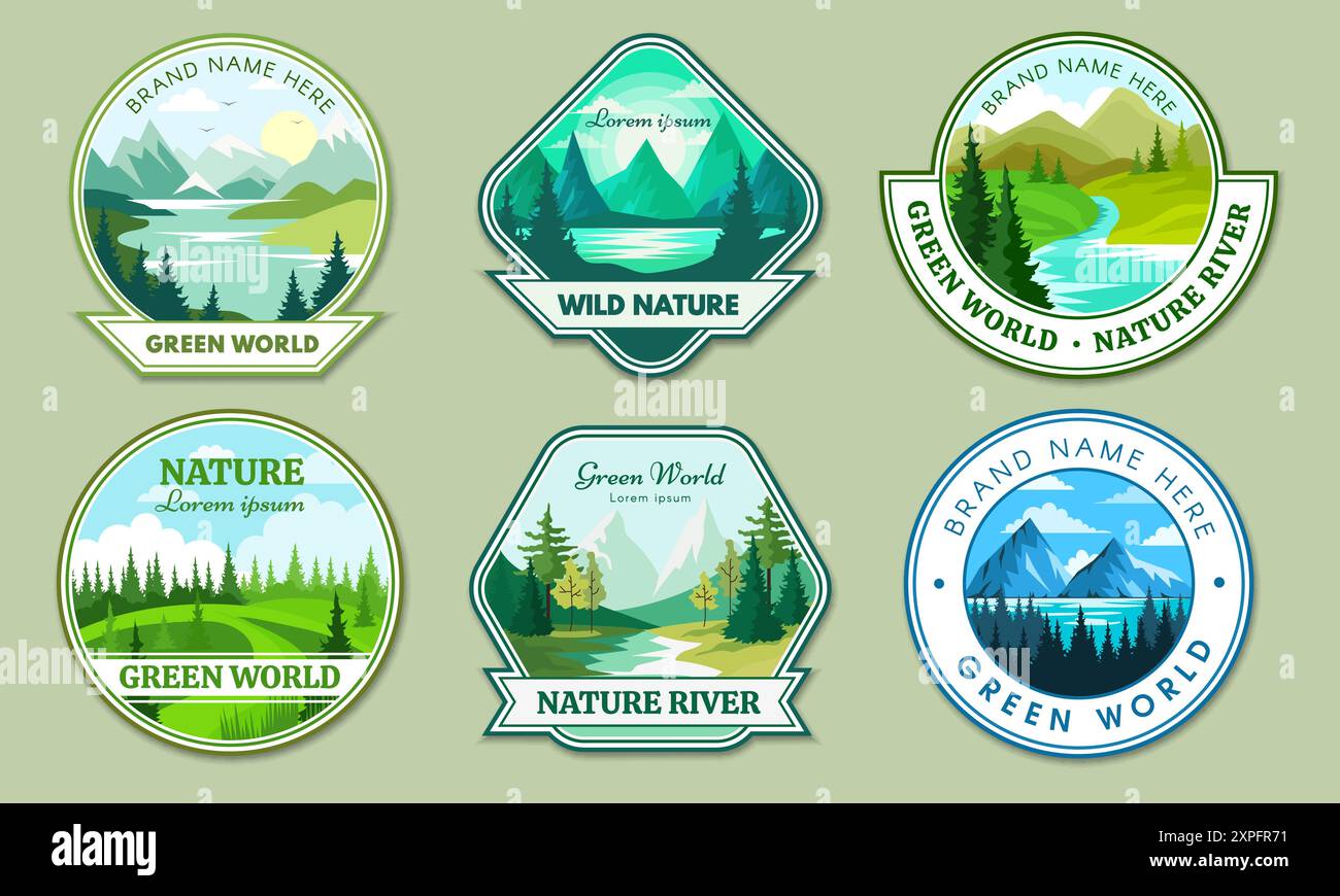 Nature logos. Labels with mountains green landscape concept for water ...