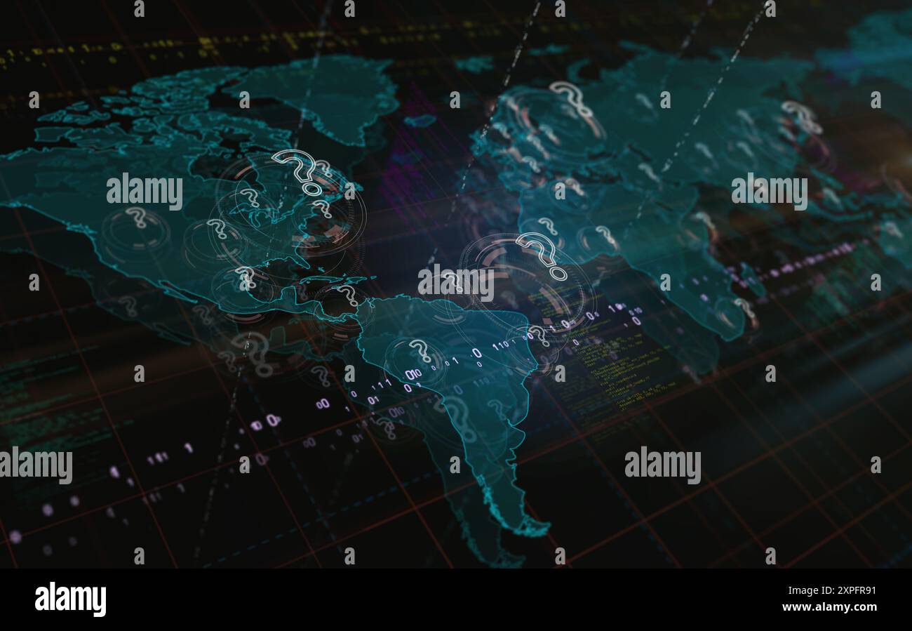 Question mark help and quiz symbols over world map. Technology concept ...