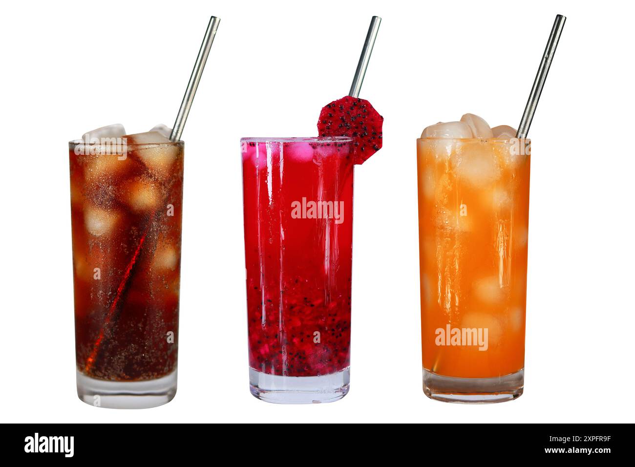 A glass of cola, Dragon fruit juice, and Mango juice isolated on a ...