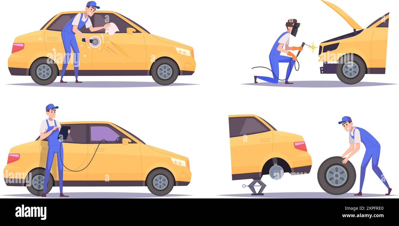 Car service. Repair vehicle change wheels and oil repairman characters ...