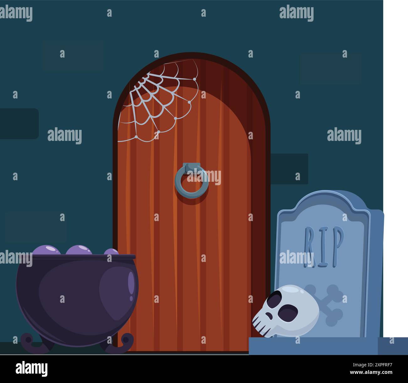 Cartoon illustration featuring an old wooden door with cobwebs, a ...