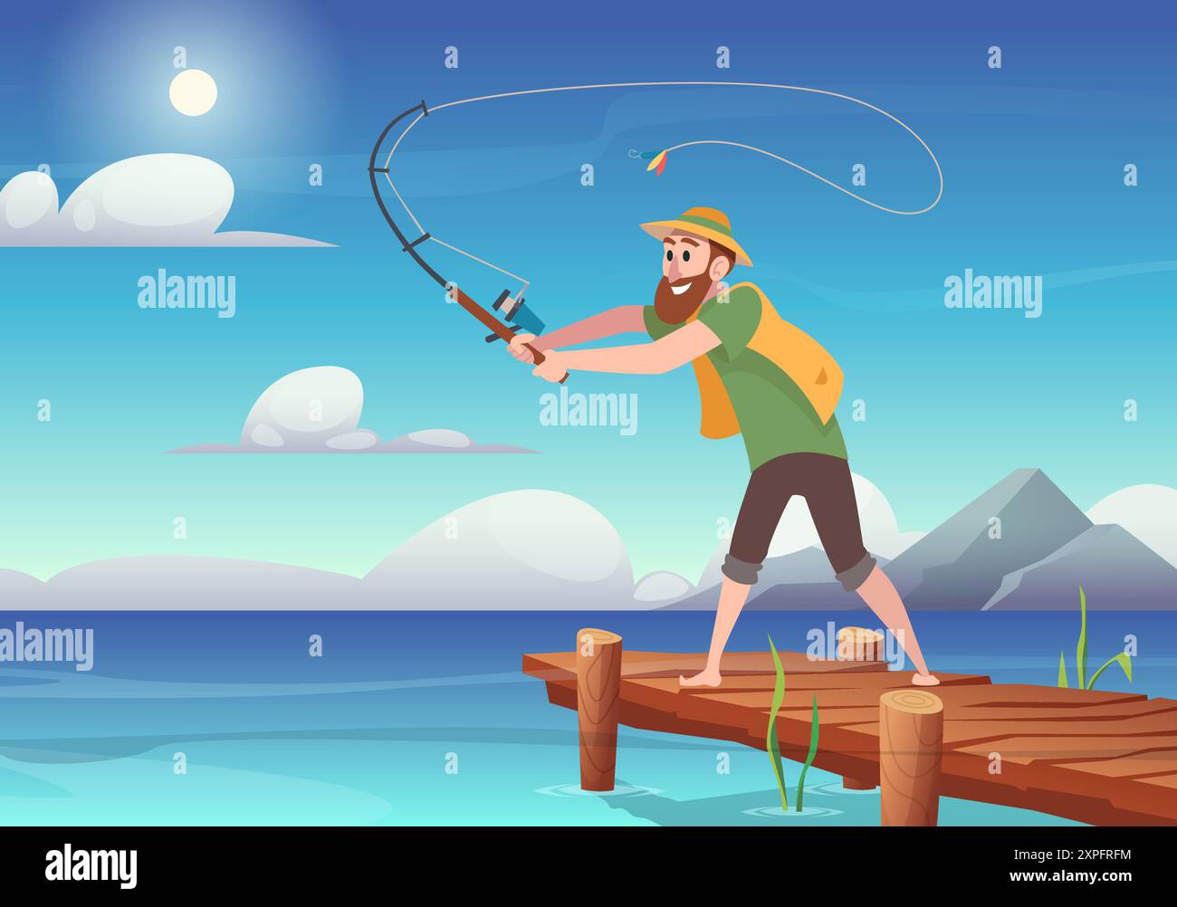 fisherman. character with fisher rod fishing on the river. vector ...