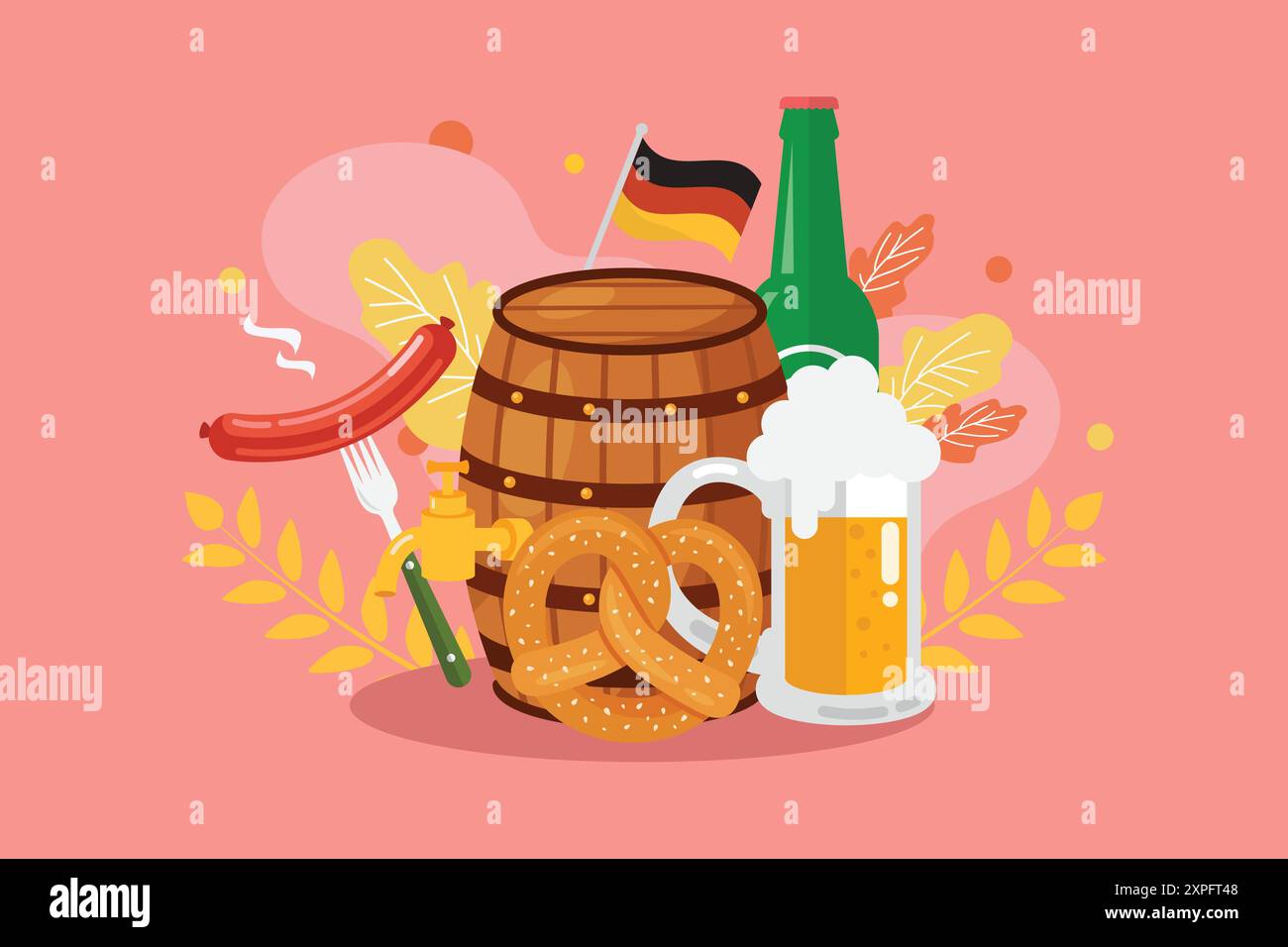 Oktoberfest poster with beer barrel sausage and pretzel. Cartoon Flat ...