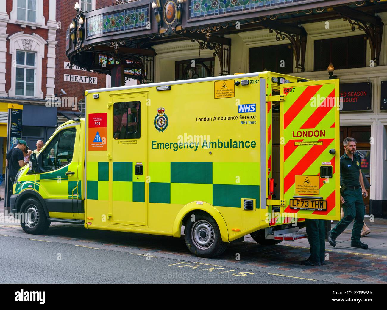 A London emergency ambulance arrives in the theatre district, London ...