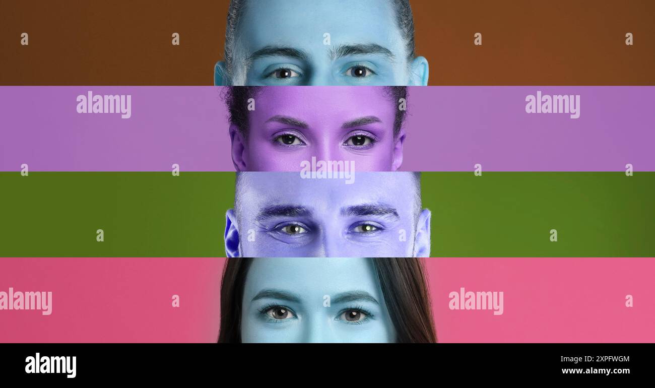 Men and women, closeup. Collage with color toned photos of eyes, banner ...