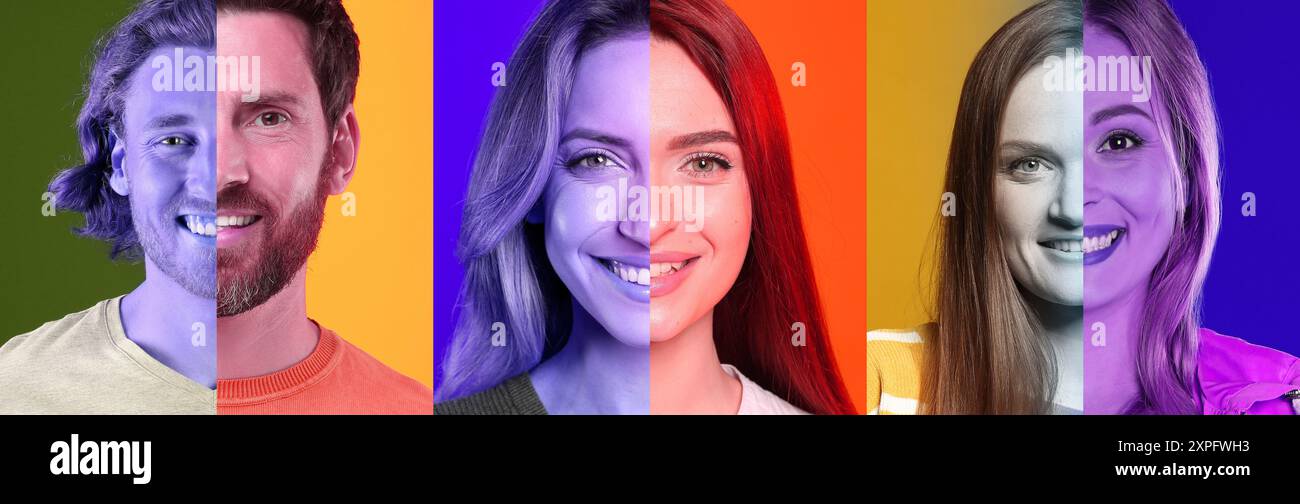 Men and women, closeup. Collage with halves of color toned portraits ...