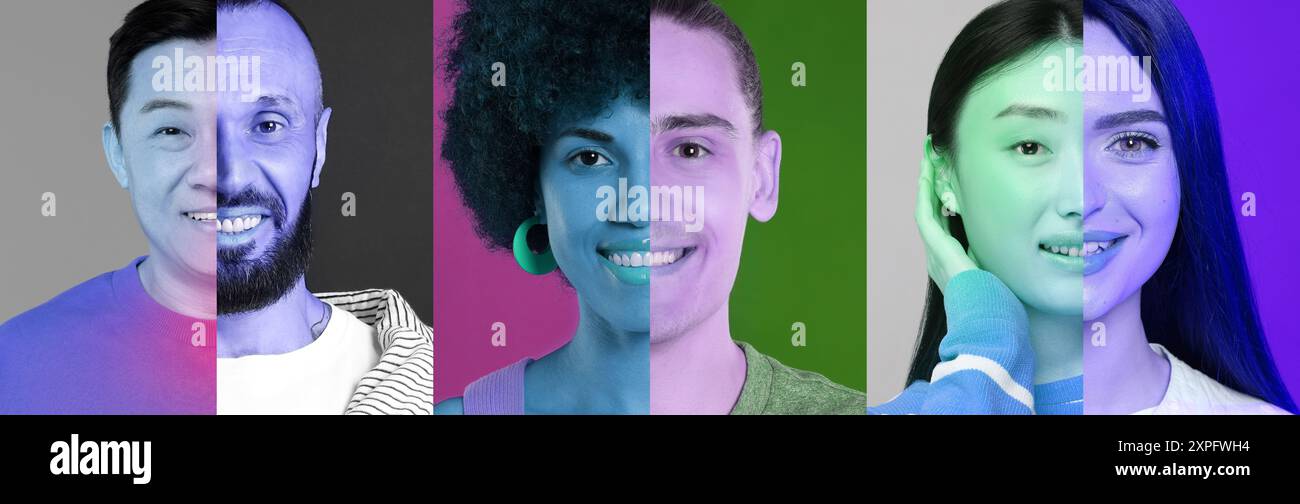 Men and women, closeup. Collage with halves of color toned portraits ...