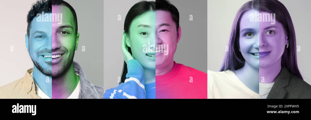 Men and women, closeup. Collage with halves of color toned portraits ...