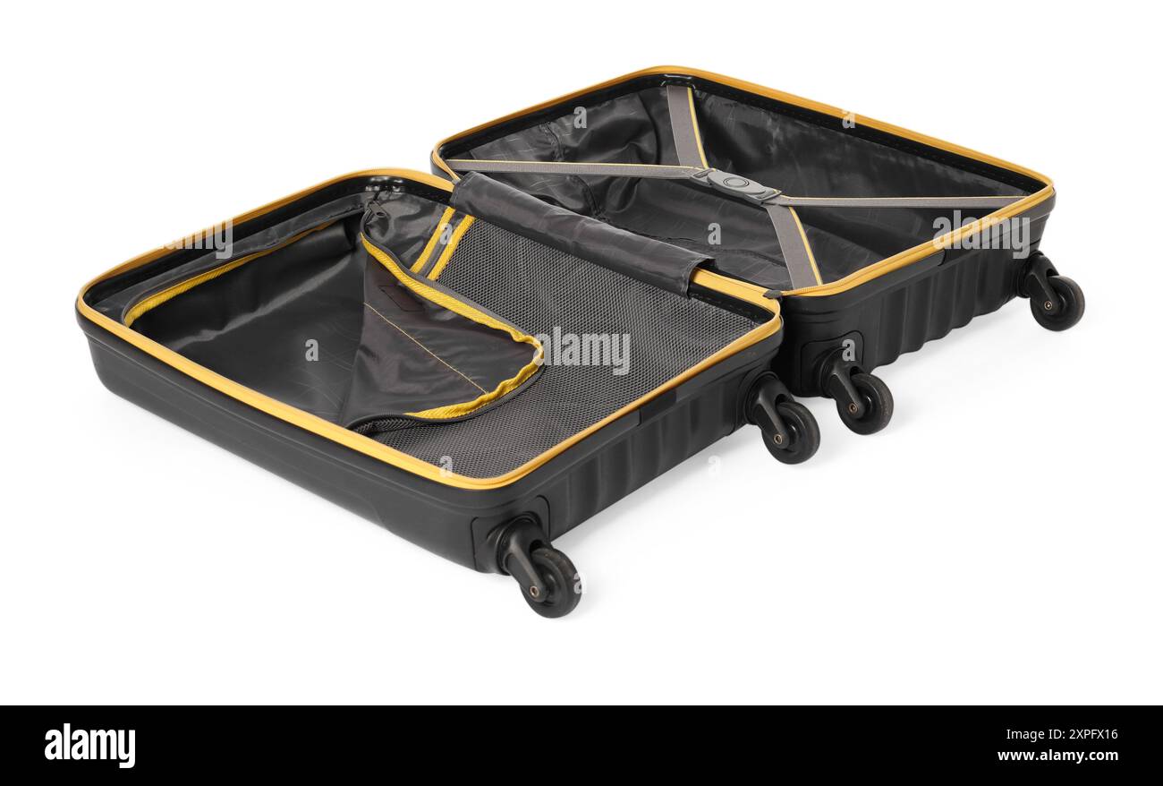Open empty suitcase for travelling isolated on white Stock Photo - Alamy