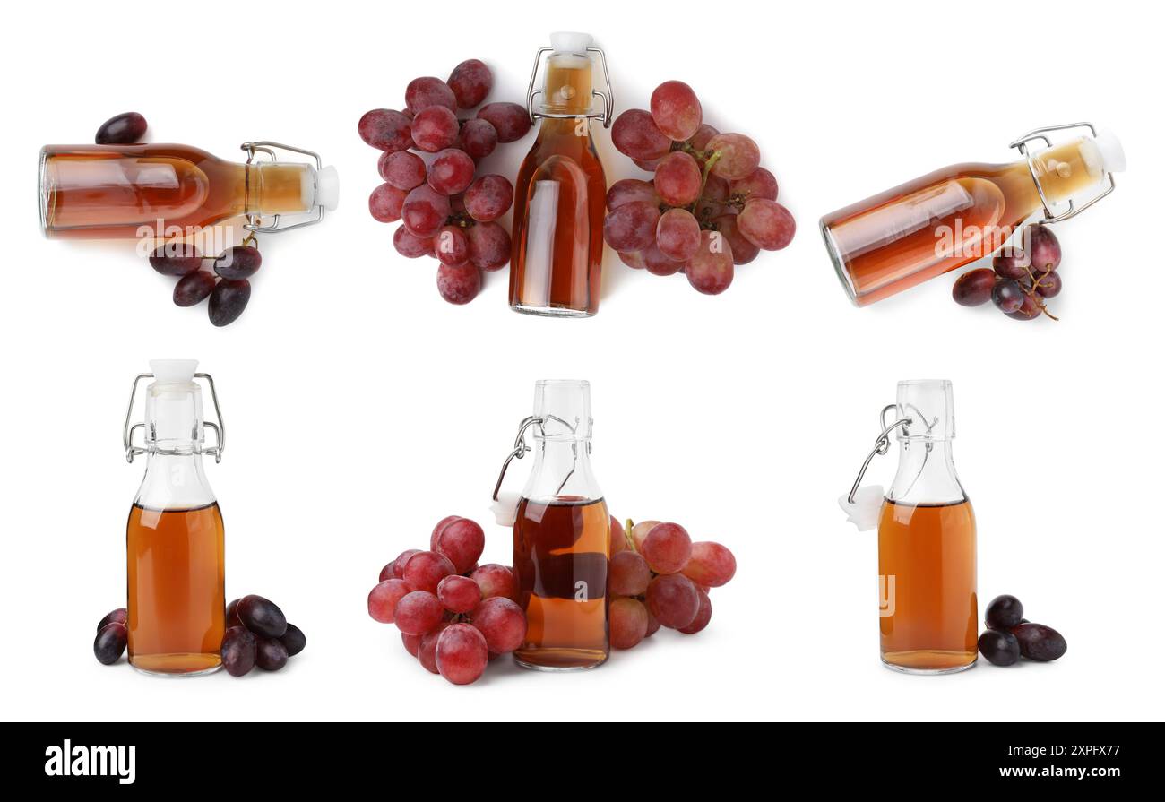 Wine vinegar and fresh grapes isolated on white, collage Stock Photo ...