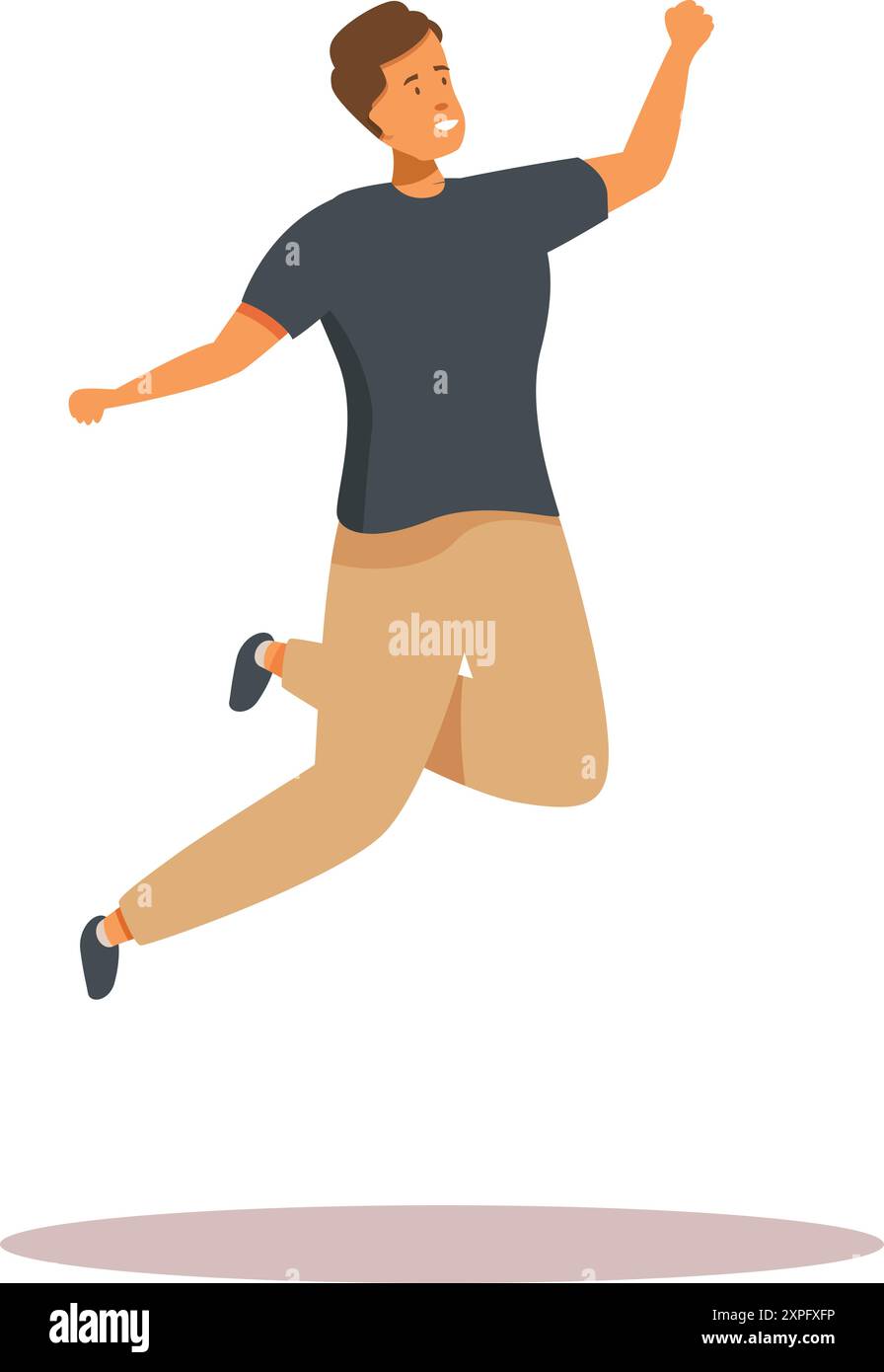 Young man is jumping in the air with his arms raised, expressing ...