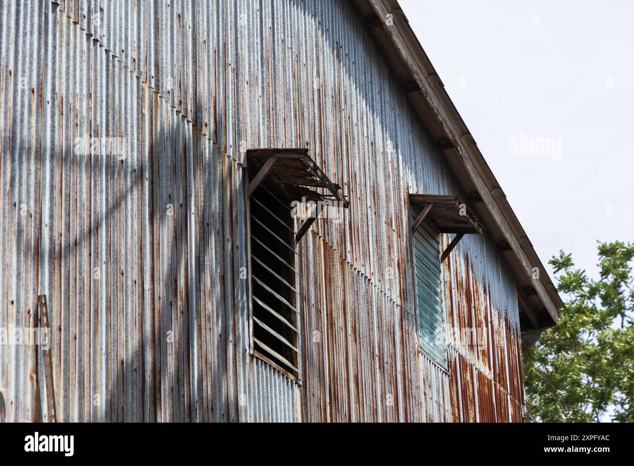 Metal sheet house with windows rusted and damaged. Exterior of a residential house rusted and ...